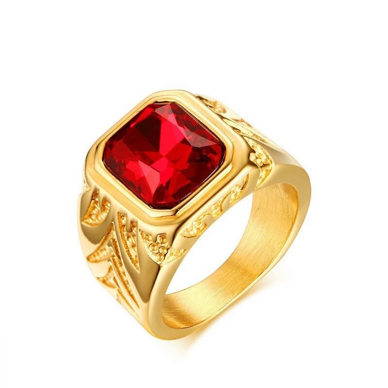 18kt Gold Plated Crystal Red Ruby Stainless Steel Ring - Gemstones City